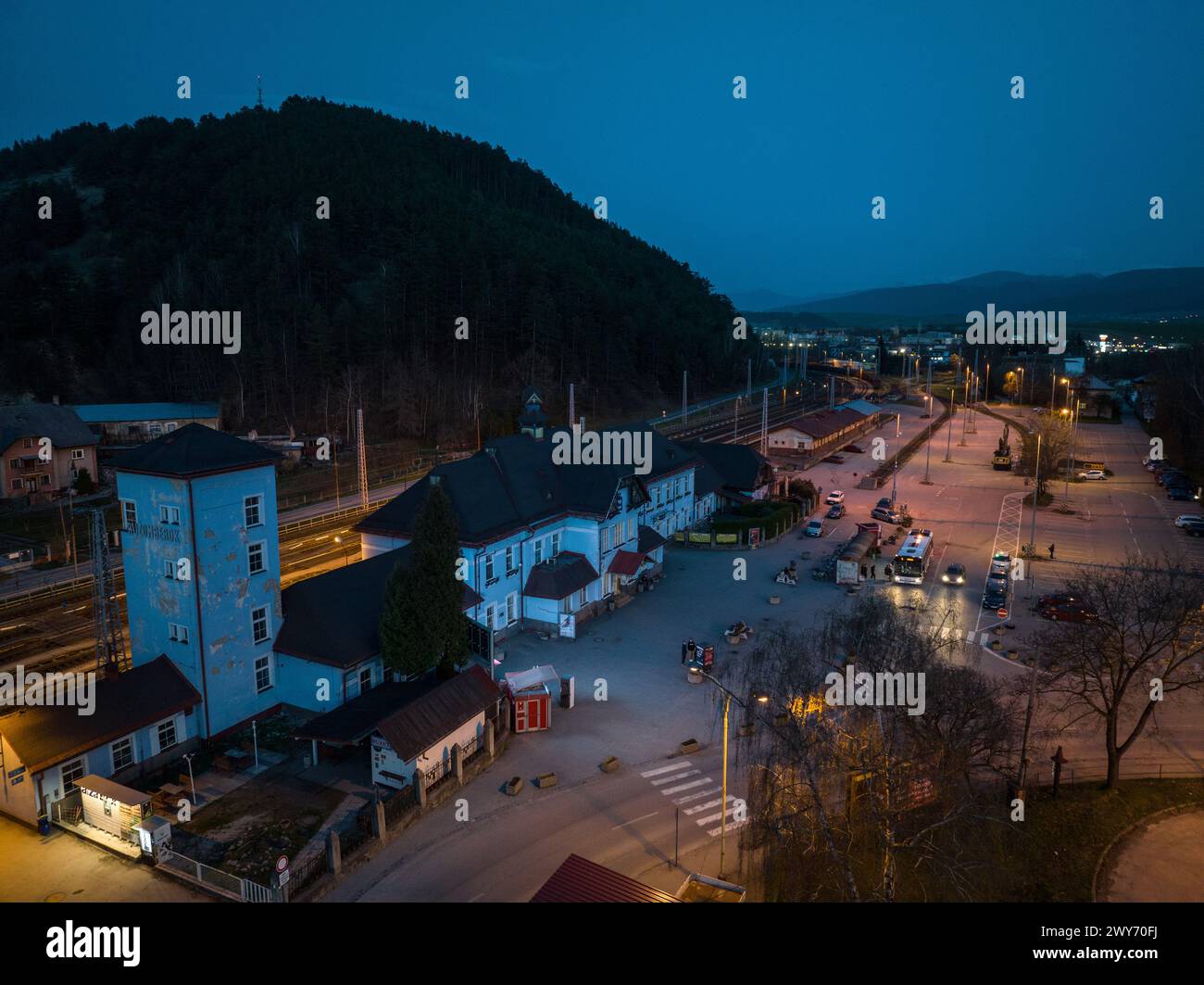 Night view of the railway station in Ruzomberok, Slovakia Stock Photo ...