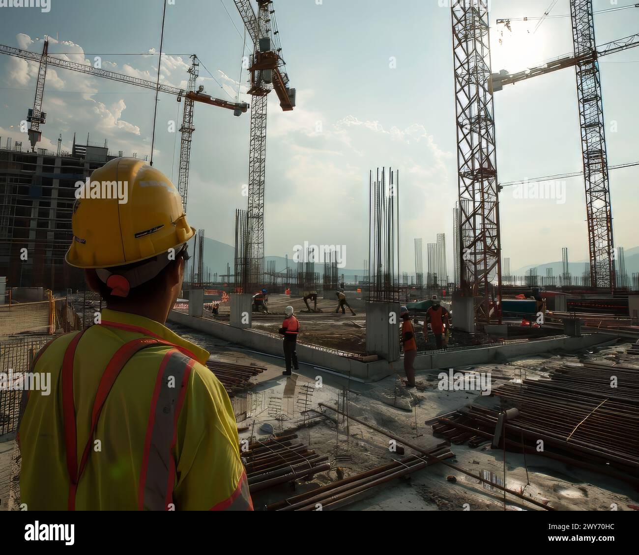A construction worker is standing on a construction site, looking up at ...
