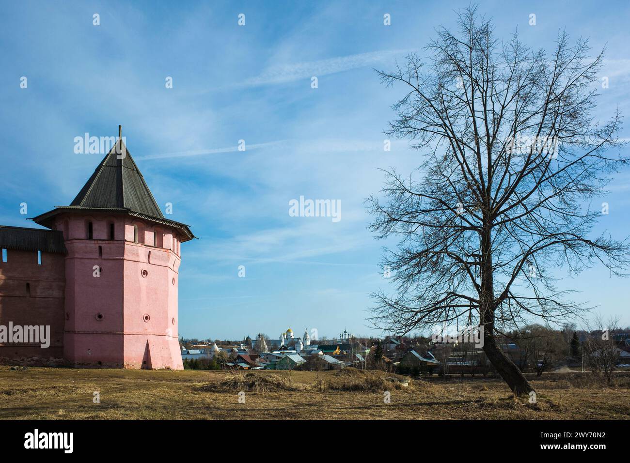 Red observation tower of Saint Euthymius monastery, lonely tree and ...