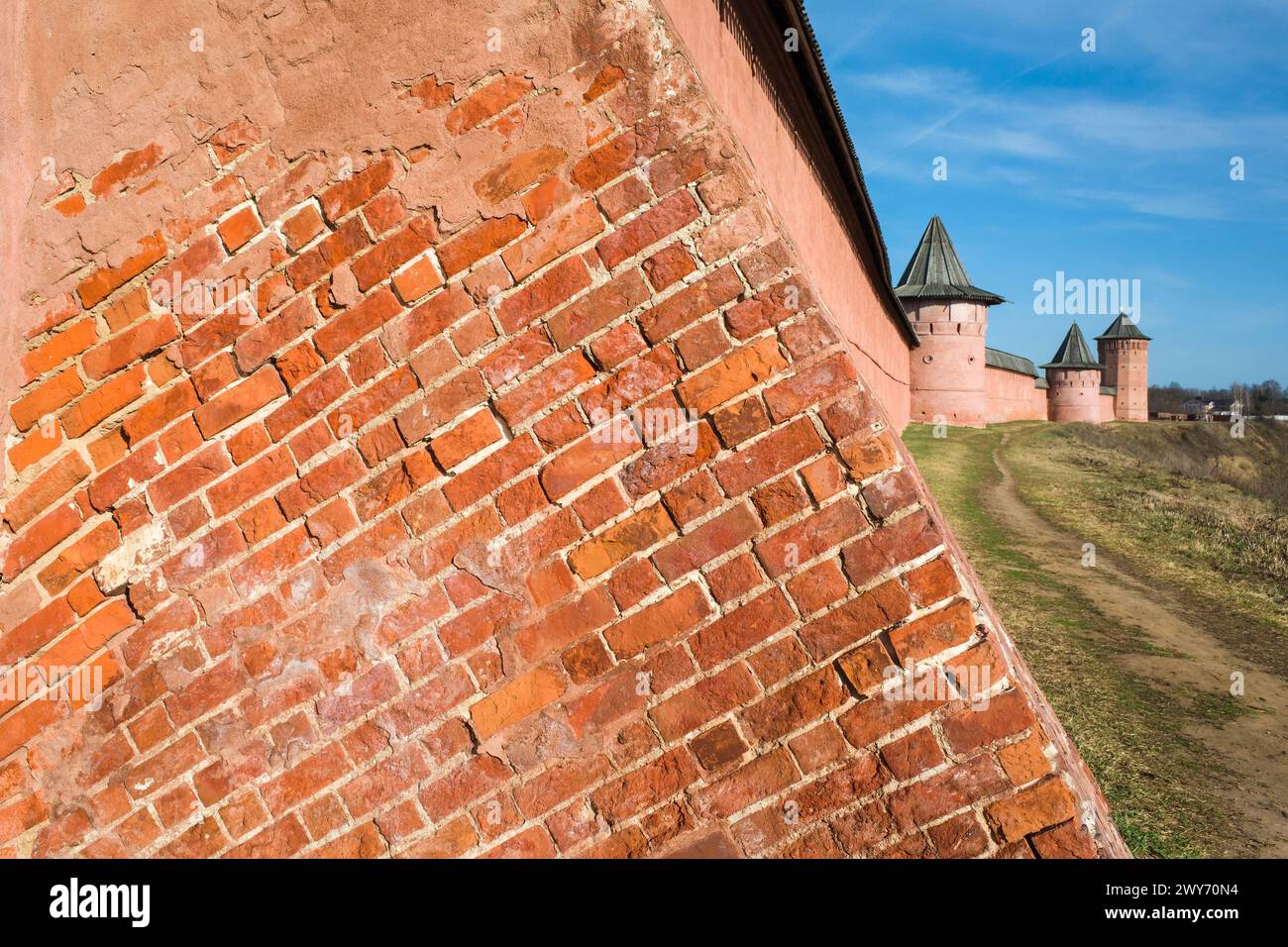 Detail of red bricks wall and towers of Saint Euthymius monastery in ...