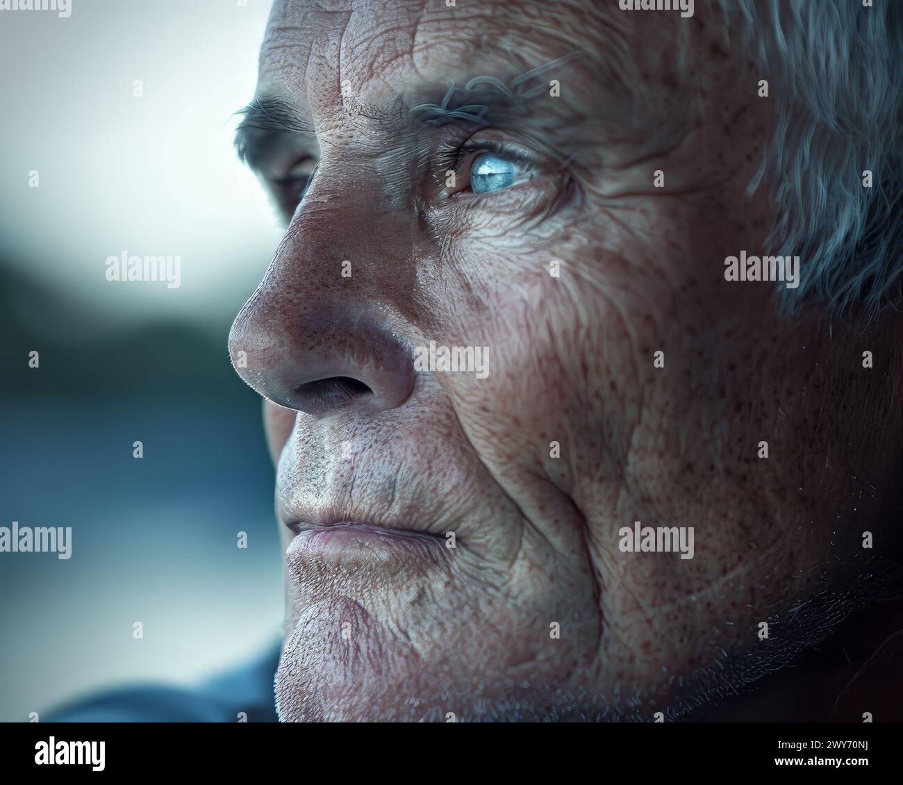 A man with a blue eye stares out the window. The man is old and has a ...