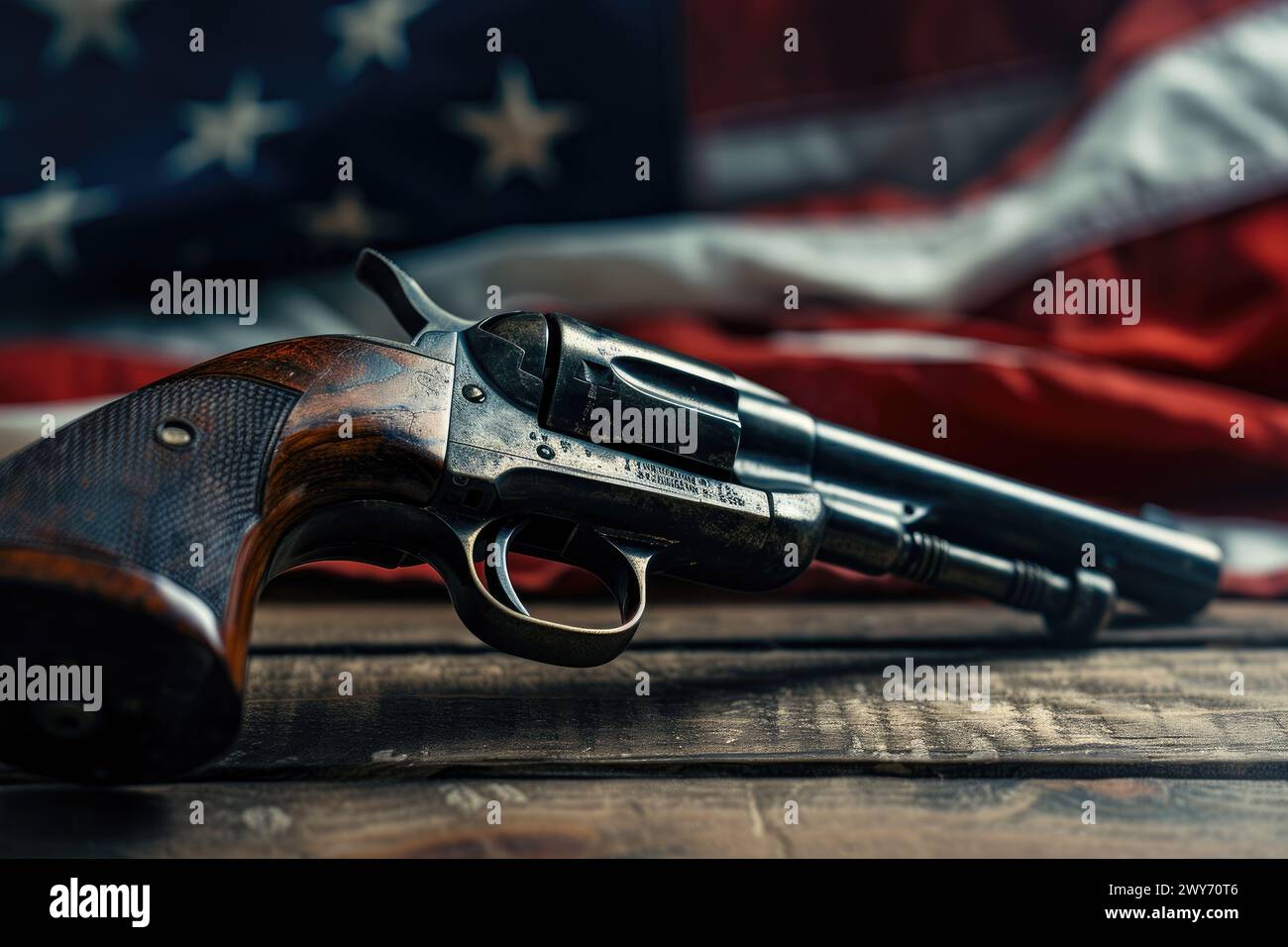 Revolver as symbol of american weapons. Old handgun on table with ...