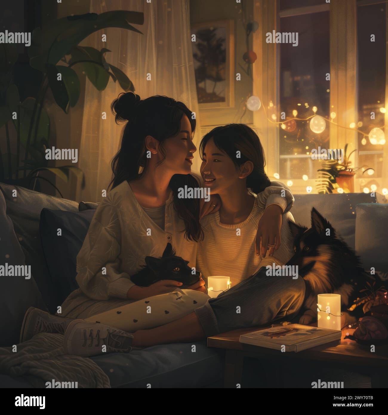 Two women are seated on the top of a couch Stock Photo - Alamy