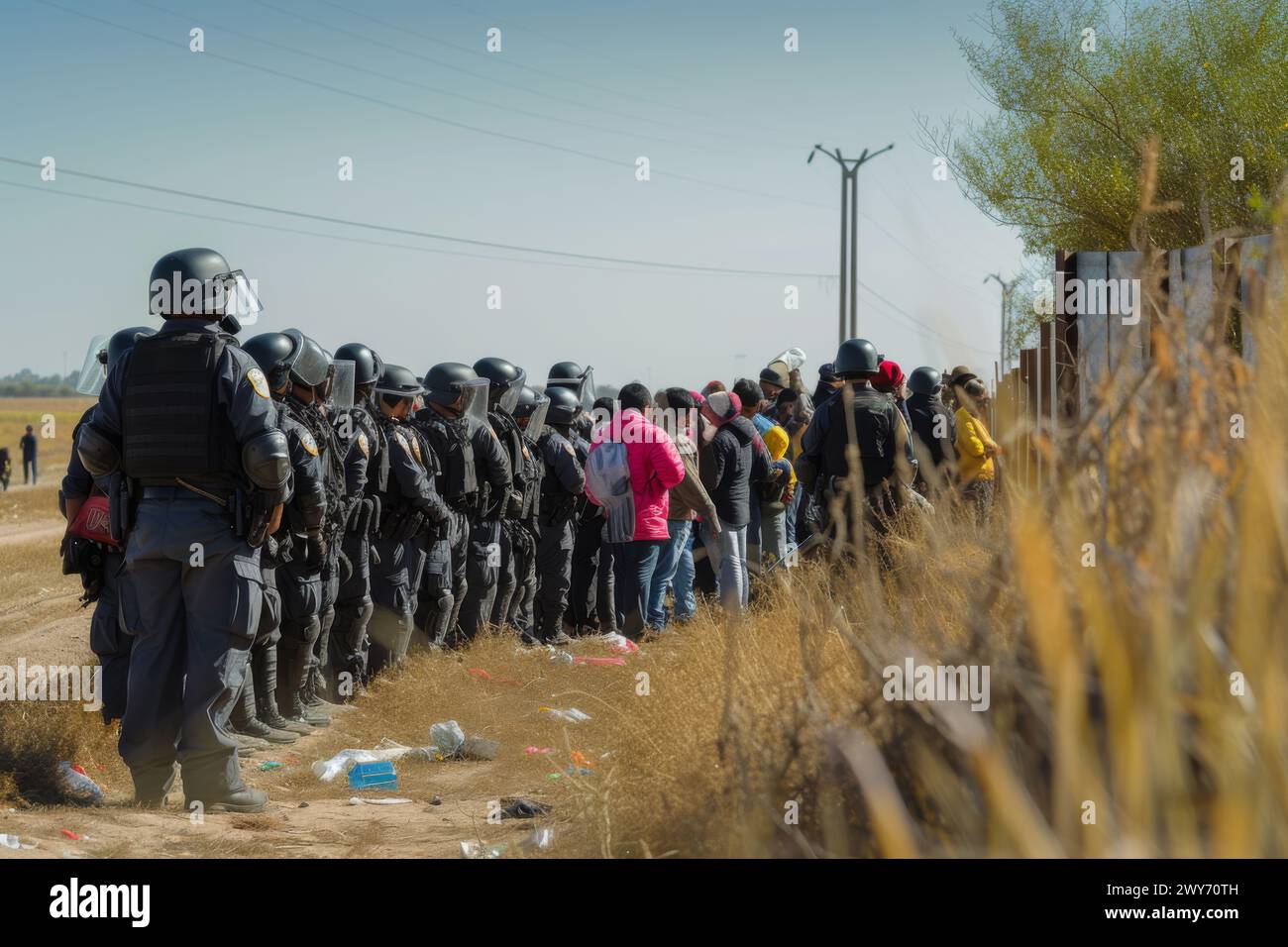 Row of police officers standing on country road Stock Photo - Alamy