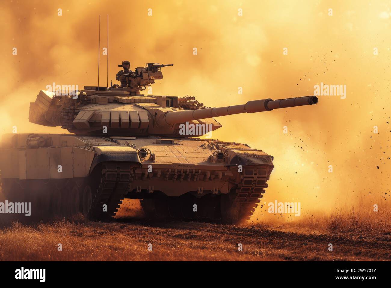 Tank on battlefield. American military concept. Tank shooting from ...