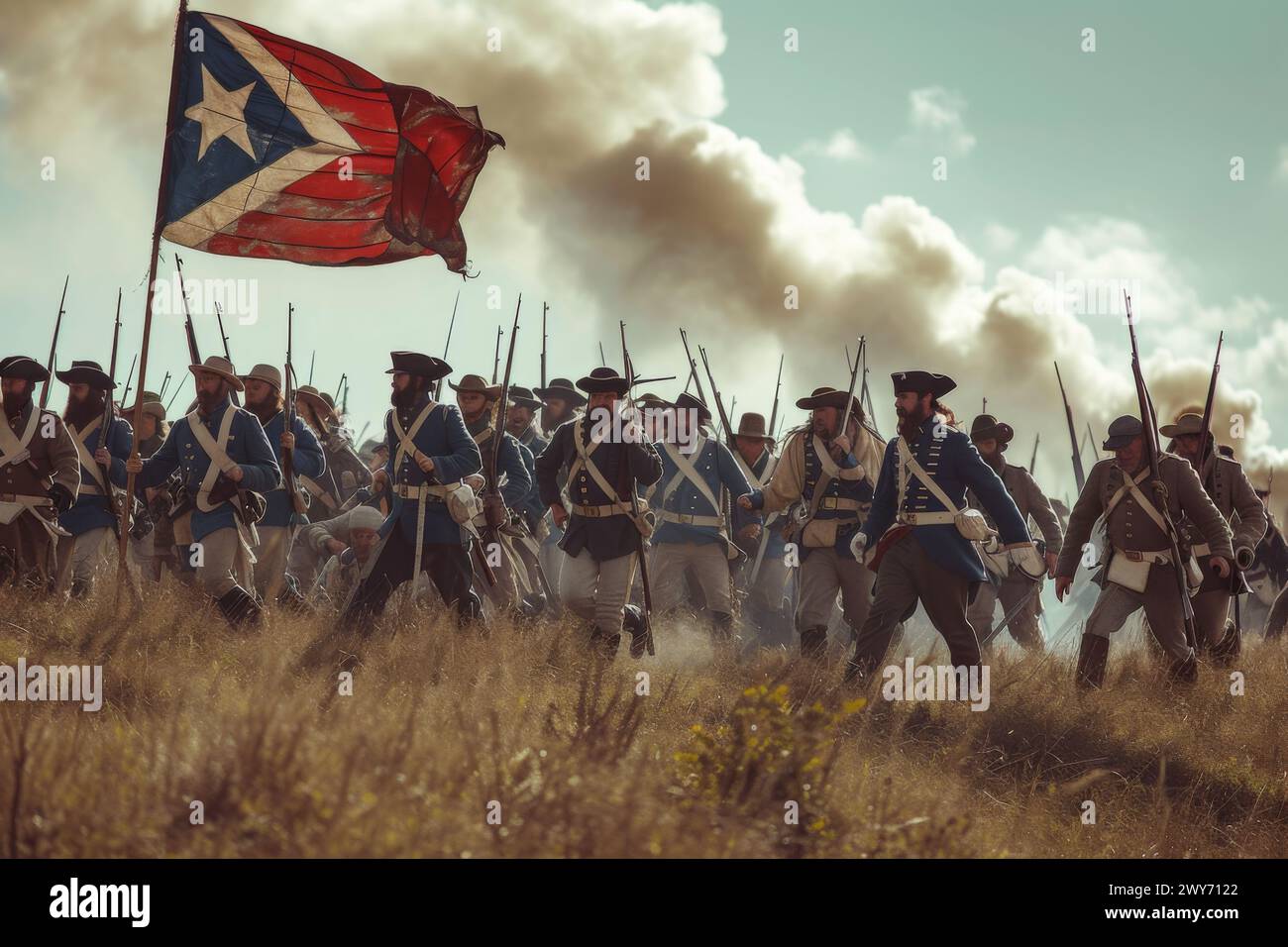 A large group of men dressed in uniforms standing in an open field ...