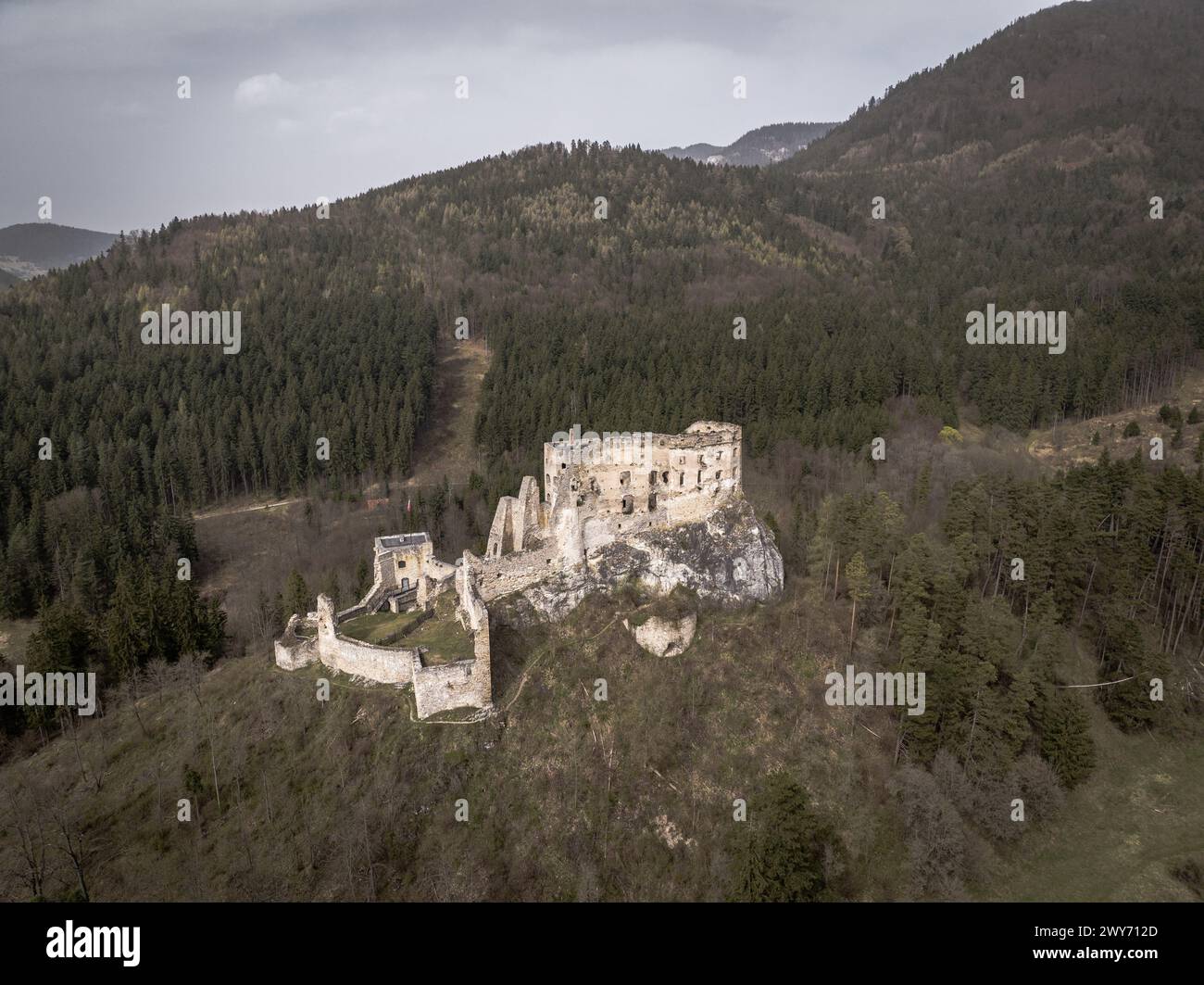 Aerial view of Likava Castle in the village of Likavka in Slovakia ...