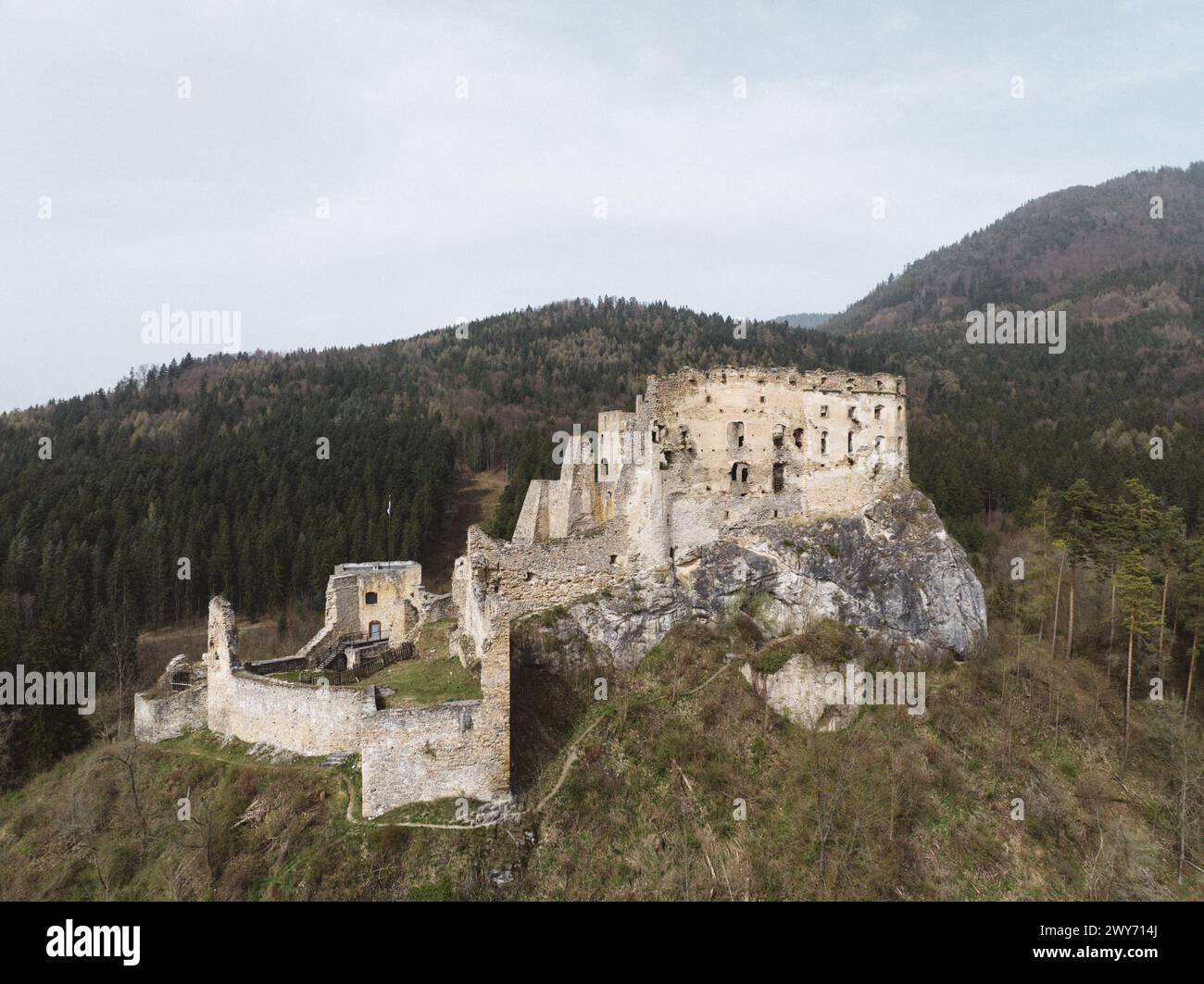 Aerial view of Likava Castle in the village of Likavka in Slovakia ...
