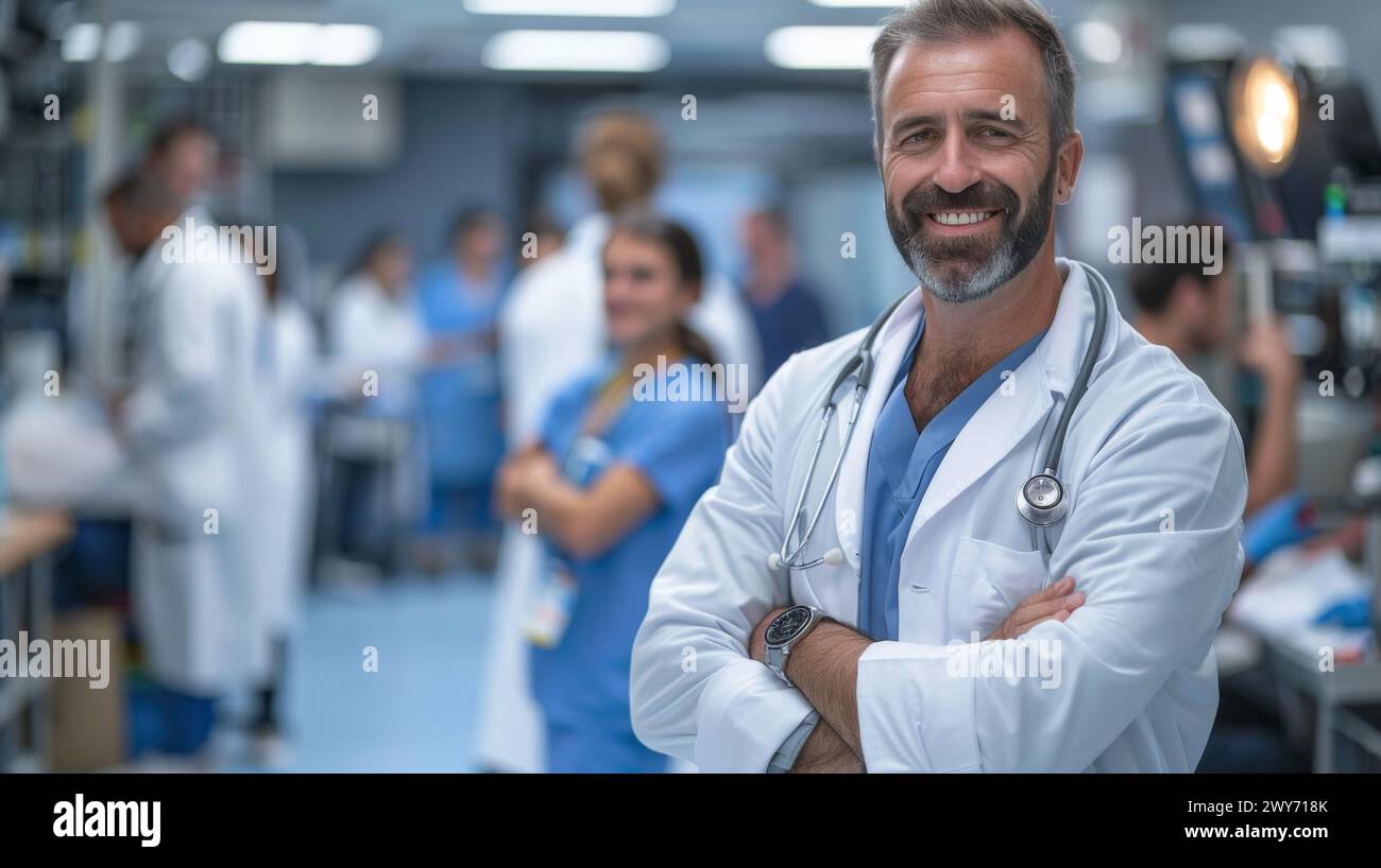 A man in a white lab coat stands with his arms crossed in a confident ...