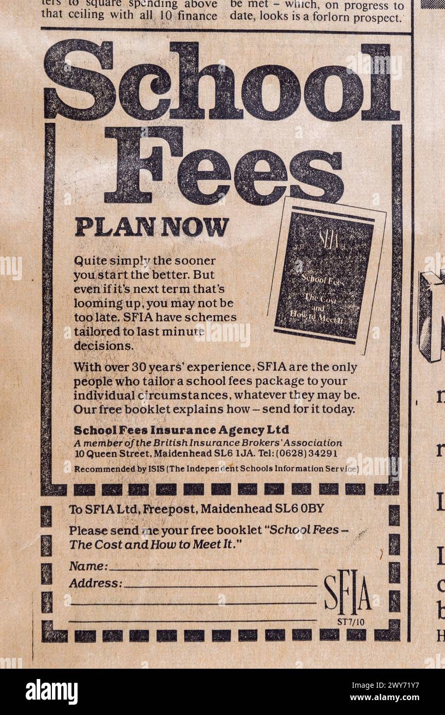 Advert for SFIA Ltd, a savings plan for school fees, in the Sunday ...