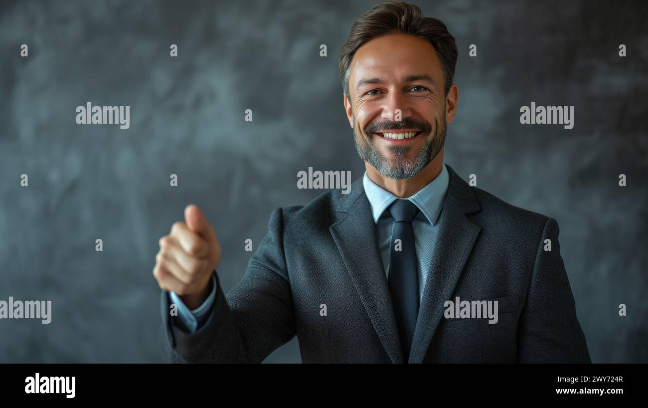 Man in formal attire showing approval with thumbs up gesture Stock ...