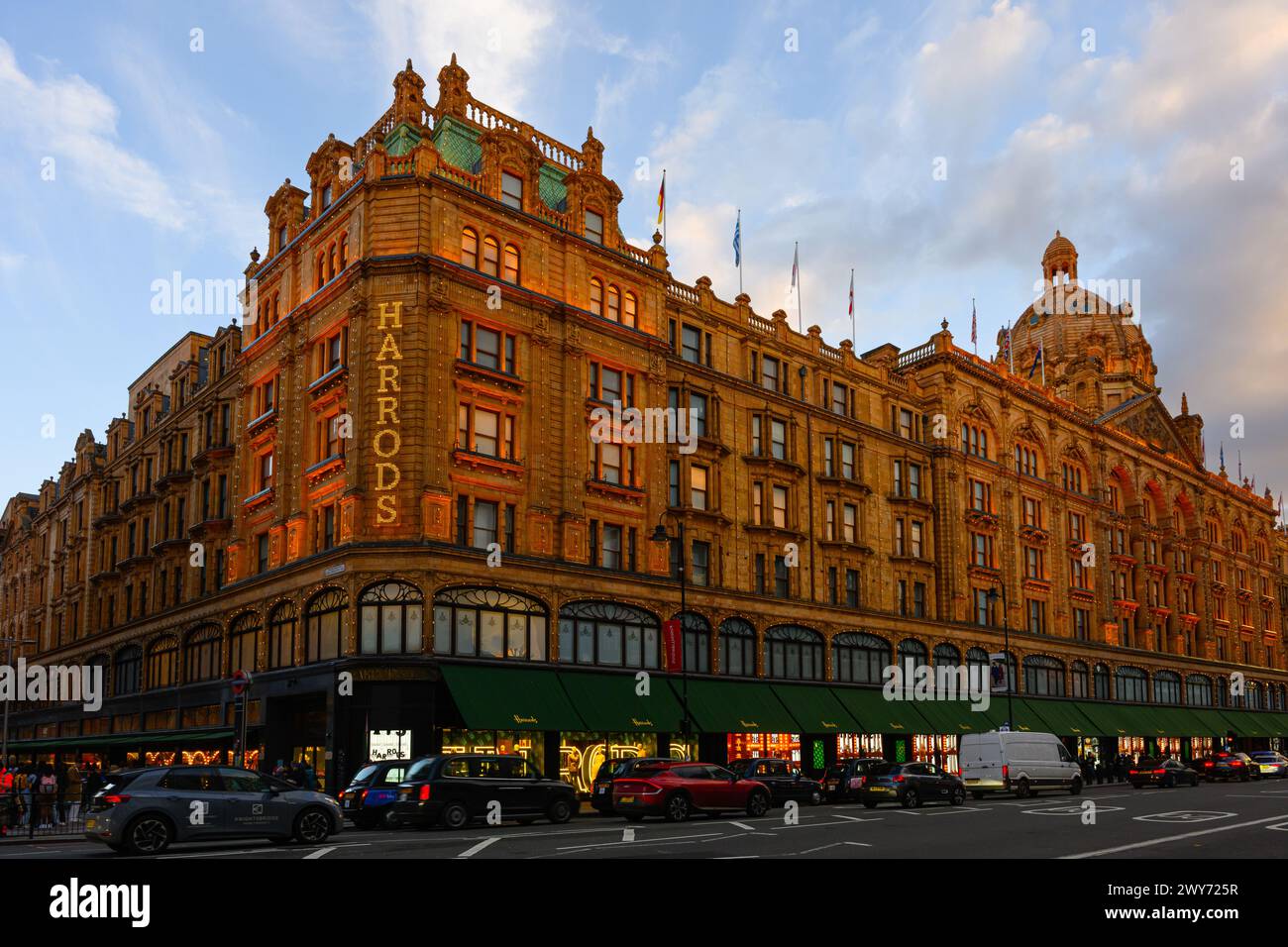 London, UK - March 22, 2024; Harrods department store in evening light ...
