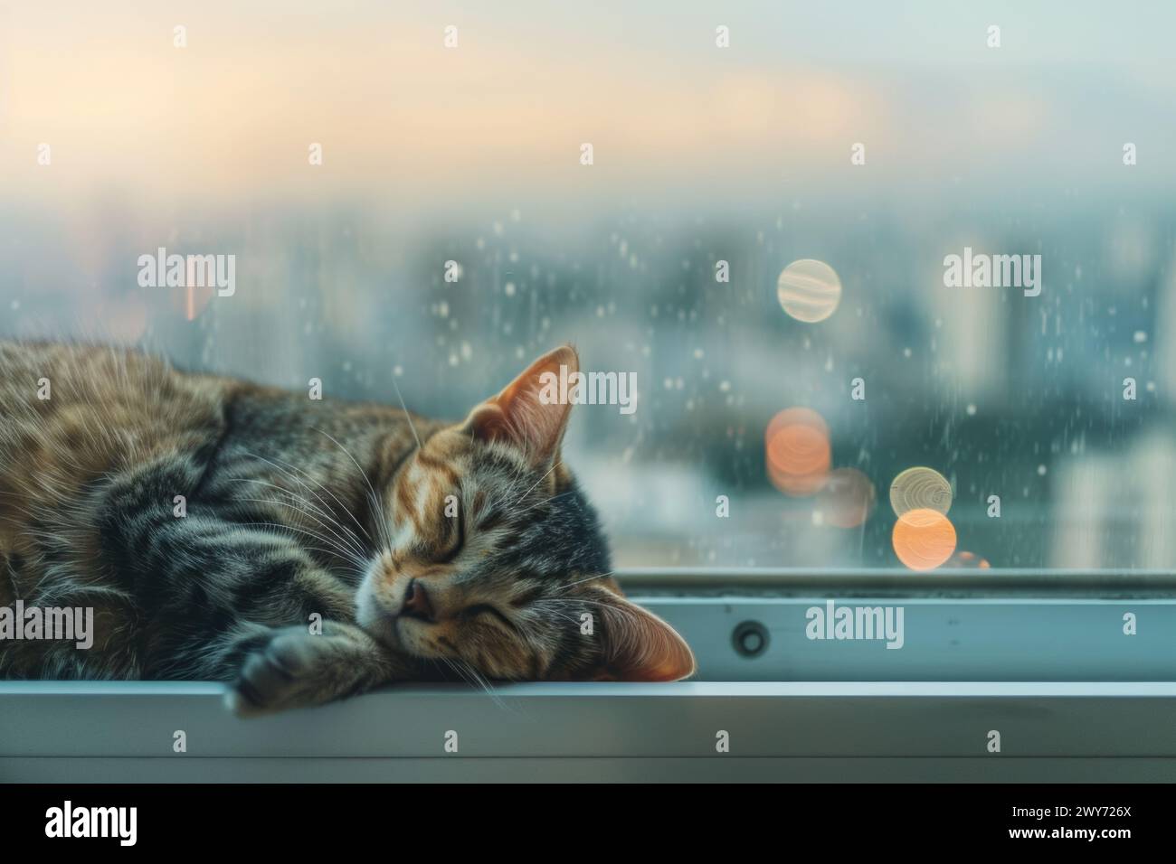 A cat peacefully napping on a window sill Stock Photo - Alamy