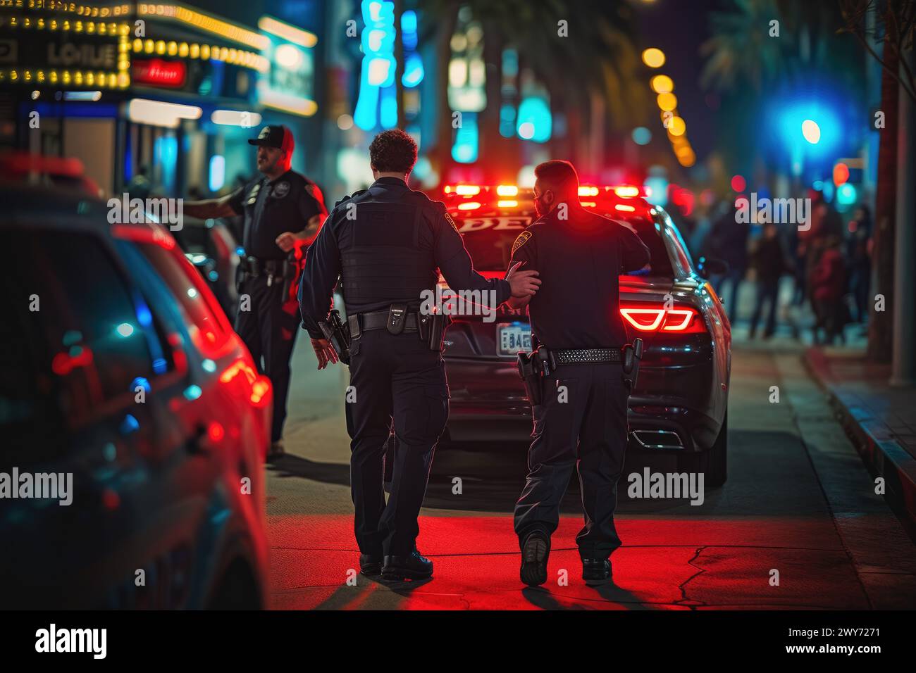 Two police officers standing beside a patrol car. They are wearing ...