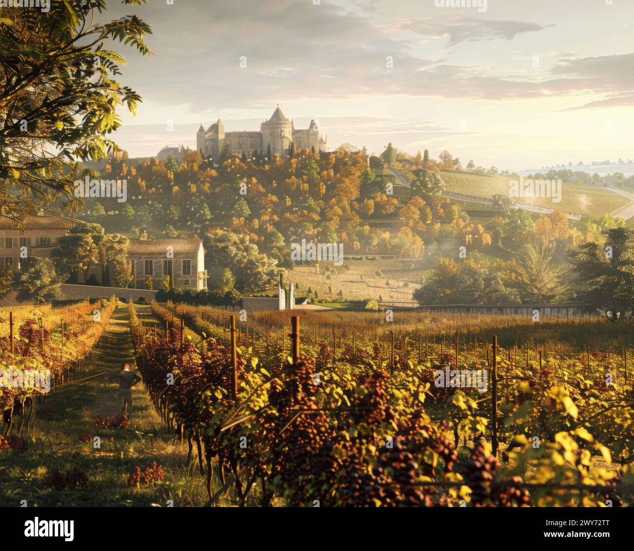 Vineyard rows under a clear sky, with a distant castle backdrop Stock ...