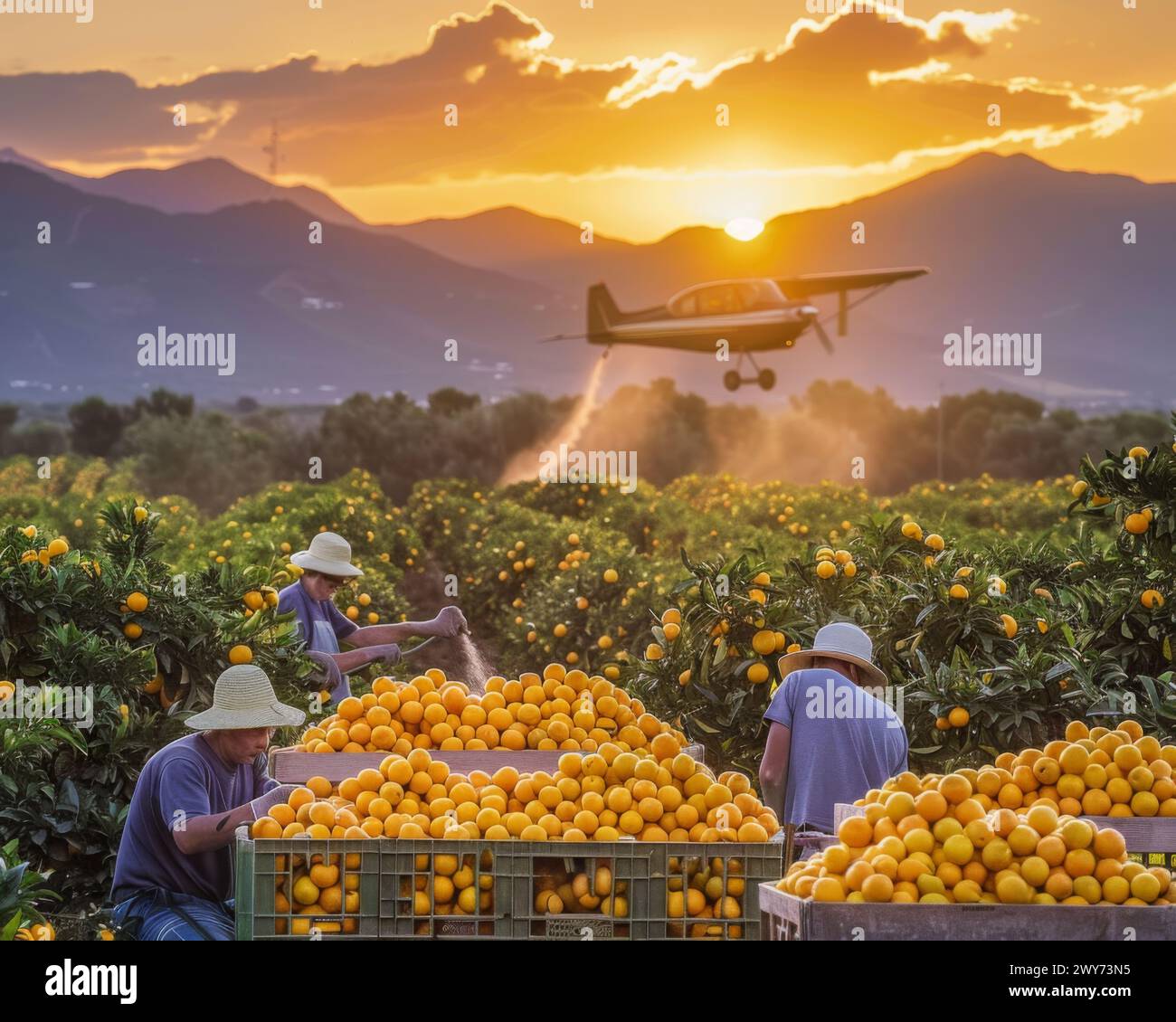A plane flies over a vast field of ripe oranges under the clear sky ...