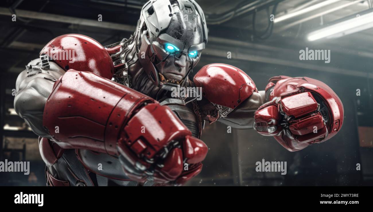 red humanoid-type robot is efficiently working on a plant dedicated to ...