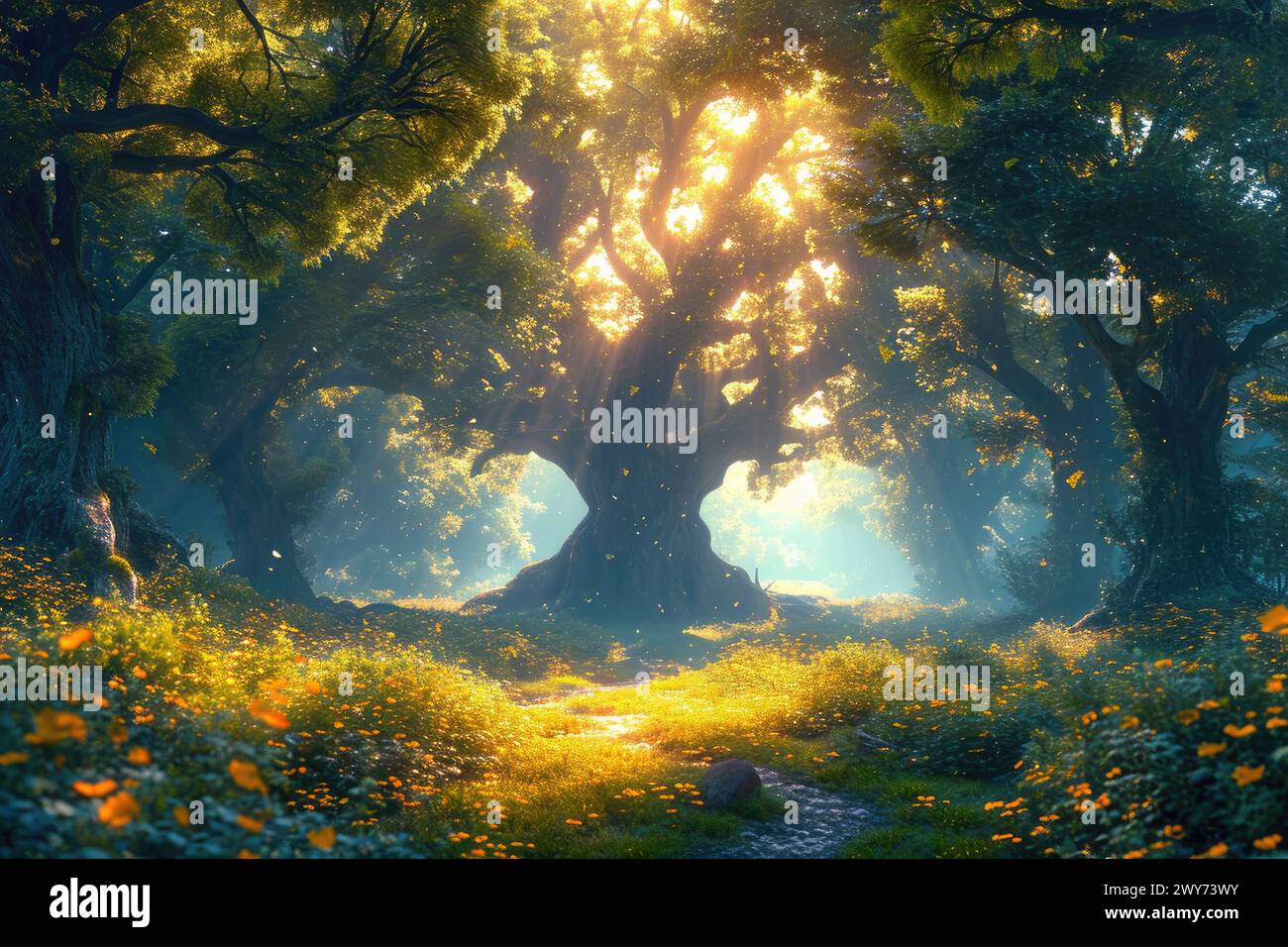 The suns rays penetrate the dense tree canopy, illuminating the forest ...