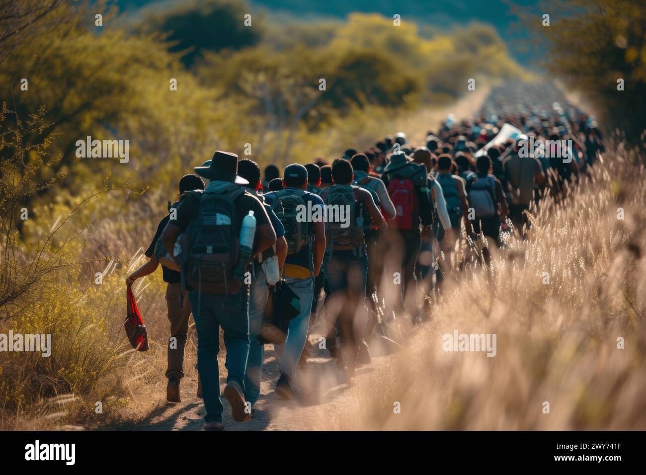 A crowd of people move along a dusty path, walking in unison Stock ...