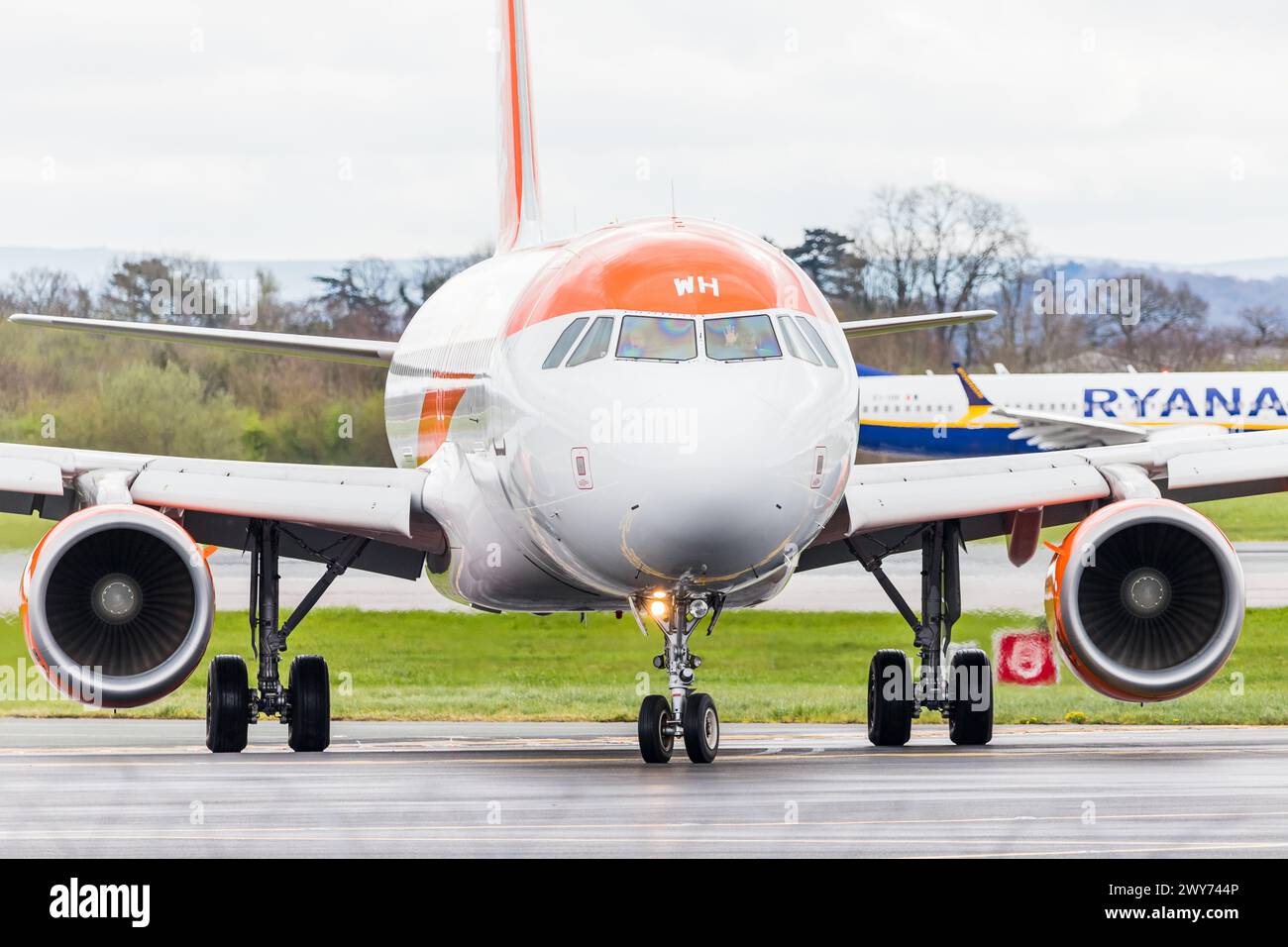 Close up of an EasyJet Airbus A320 as it taxis off the runway at ...