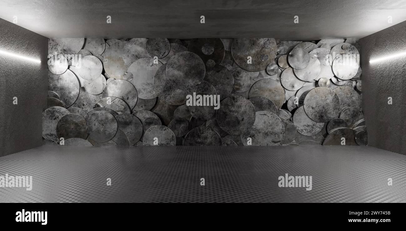 Modern art installation featuring circular metal shapes on wall in a ...