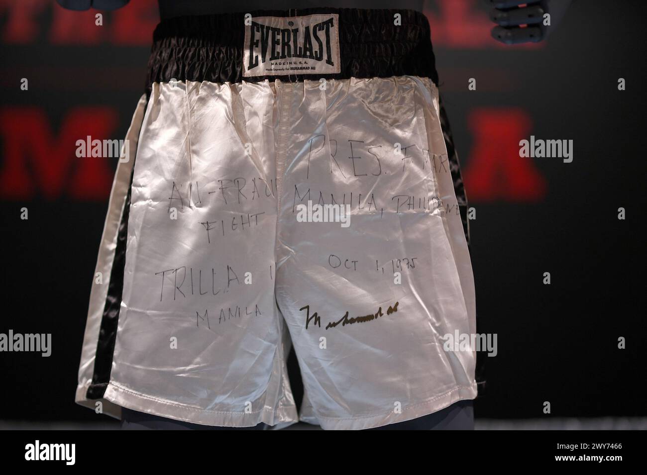 New York, USA. 04th Apr, 2024. Boxing shorts worn (and signed) by ...