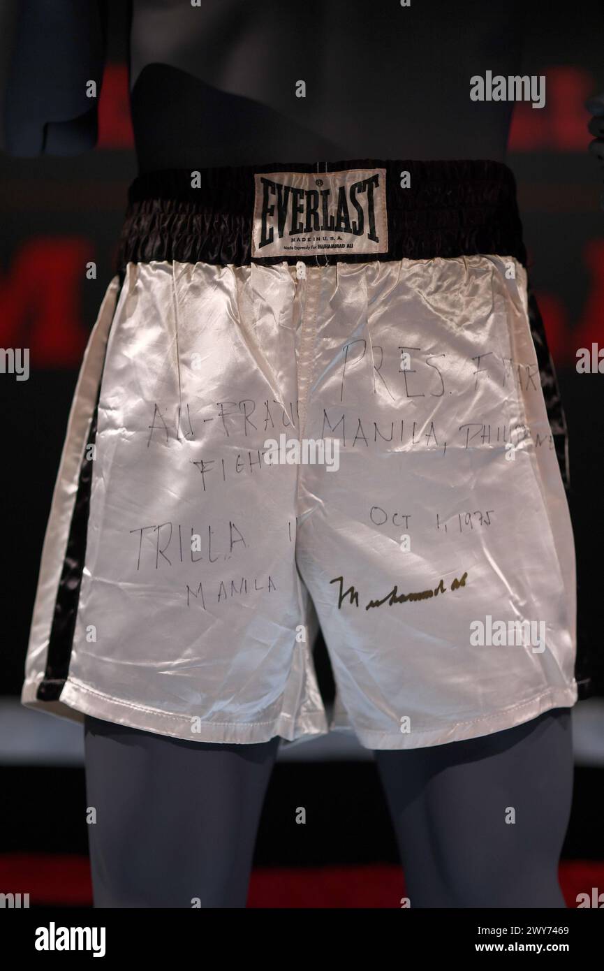 New York, USA. 04th Apr, 2024. Boxing shorts worn (and signed) by ...