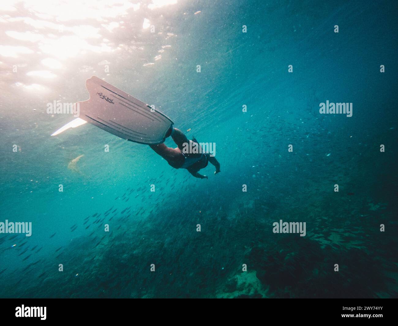 Man enjoying ocean swim with surfboard held close Stock Photo - Alamy