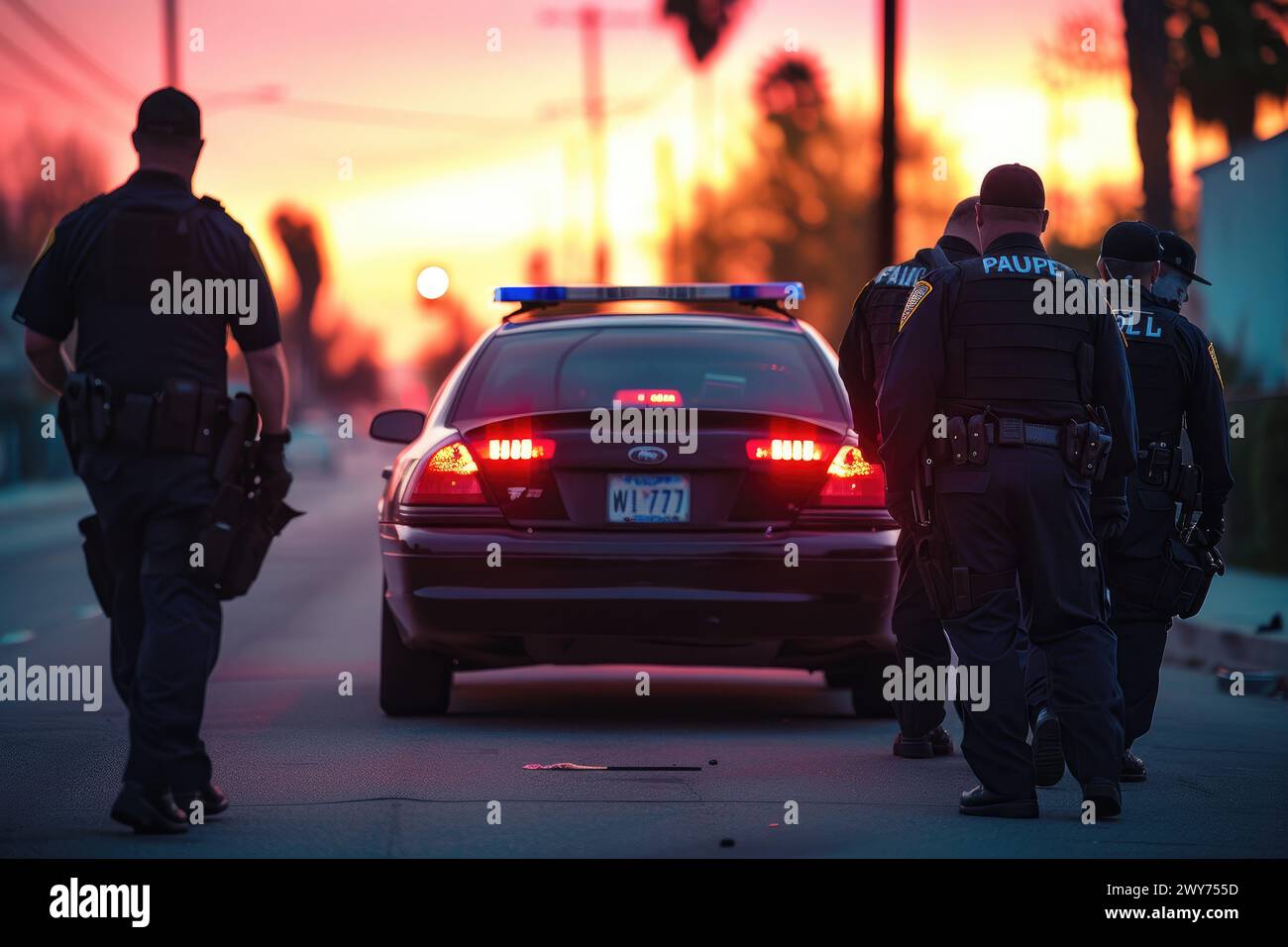 Two police officers in uniform standing next to a marked police vehicle ...