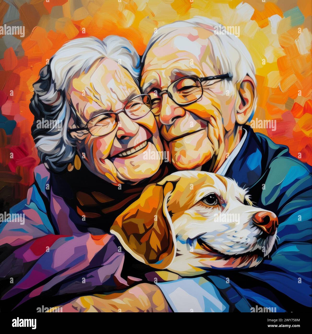 Painting of an elderly couple embracing a dog in a warm hug Stock Photo ...