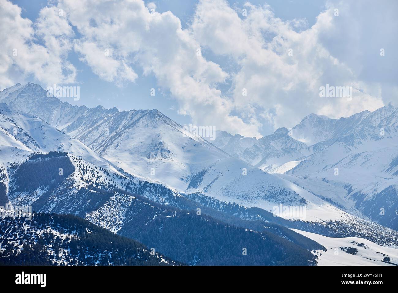 Panoramic view snow capped high mountains. Chunkurchak valley in ...