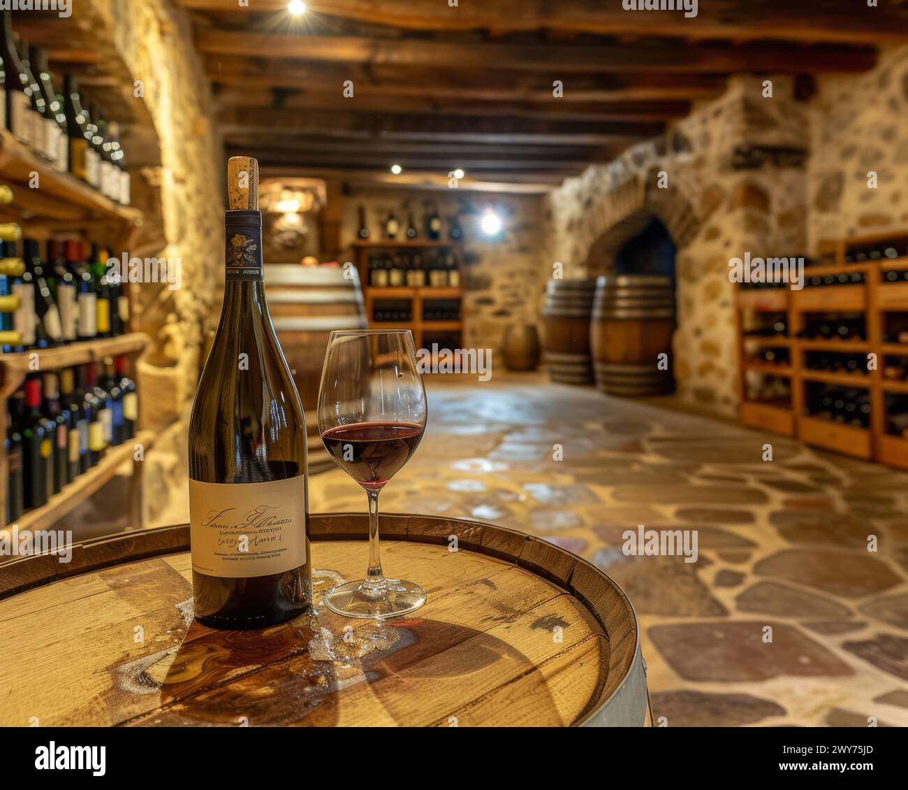 A bottle of wine resting on top of a wooden barrel Stock Photo - Alamy