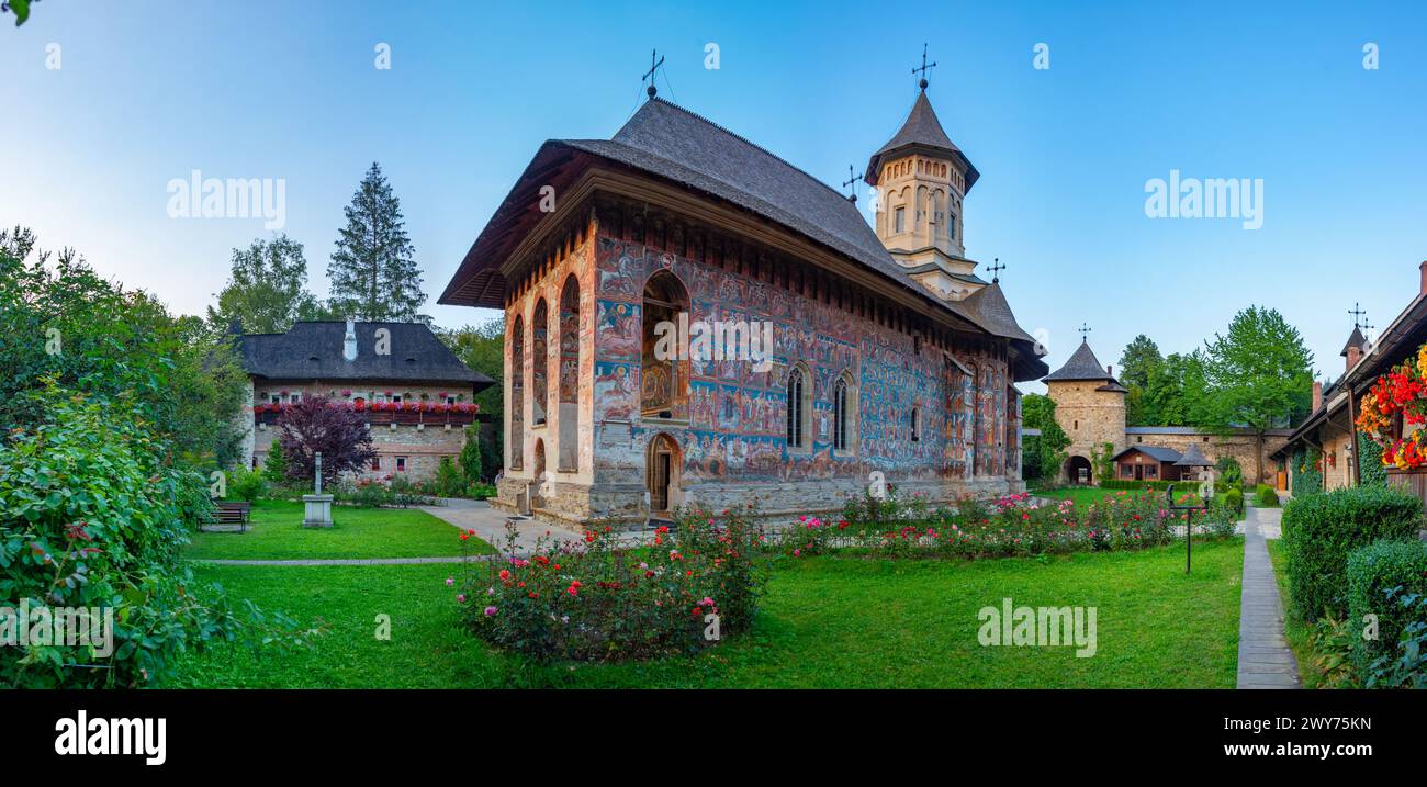Sunset at the Moldovita monastery in Romania Stock Photo - Alamy