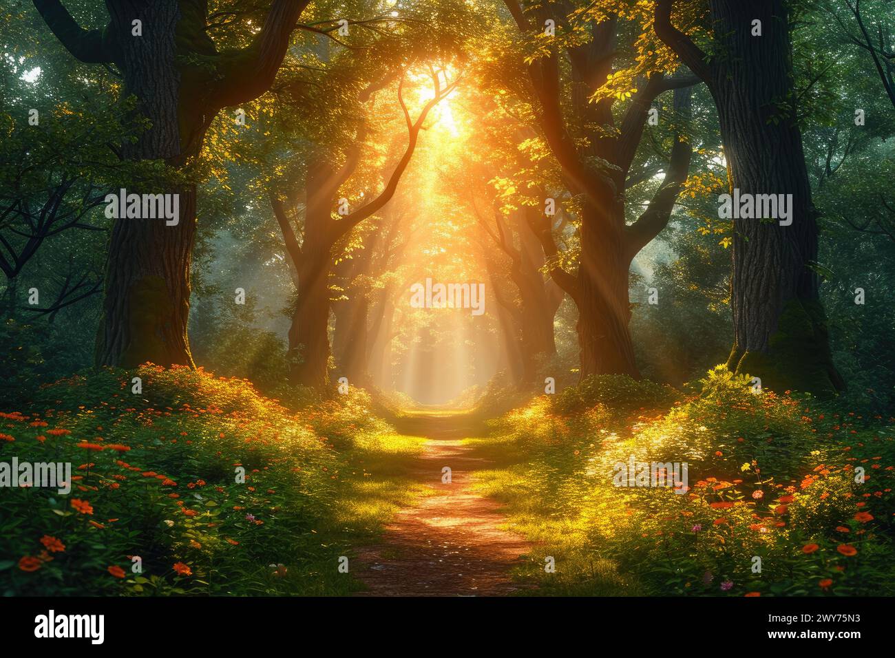 A path winds through a dense forest, with sunlight streaming through ...