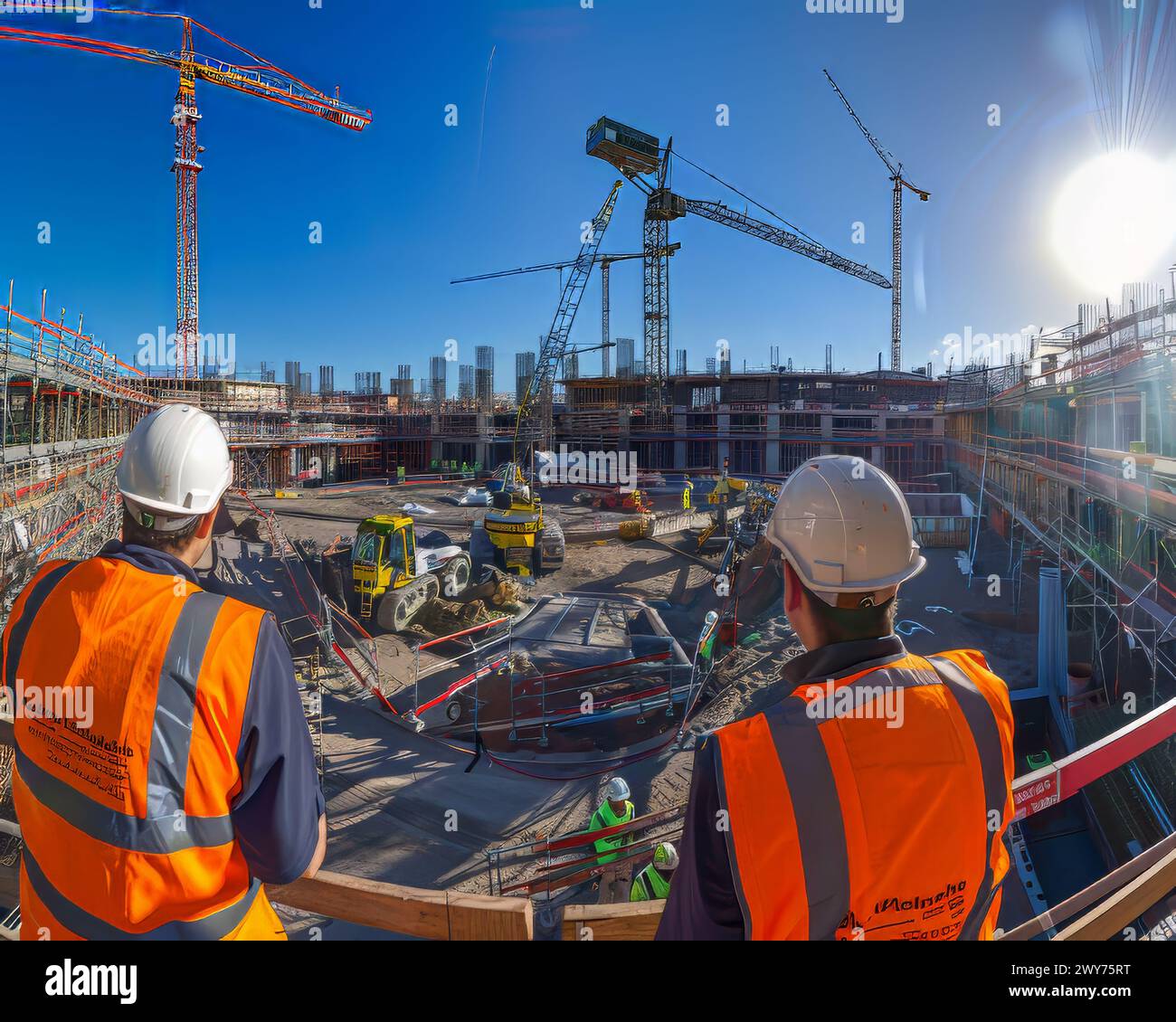 Two men in orange safety vests are standing on a construction site ...