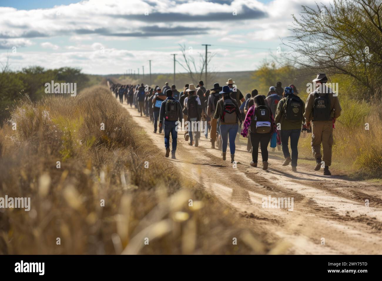 A crowd of people walking together on a dusty pathway Stock Photo - Alamy