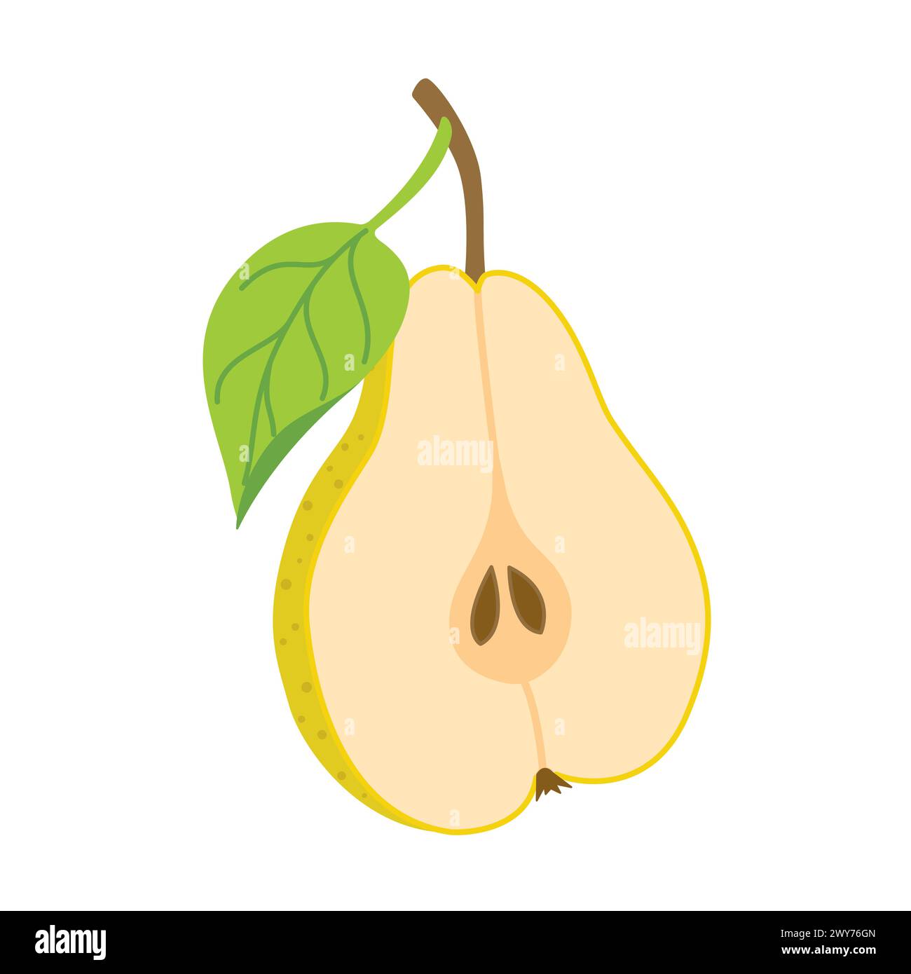 Sliced juicy pear cartoon style. Fresh pear with leaves. Modern flat ...