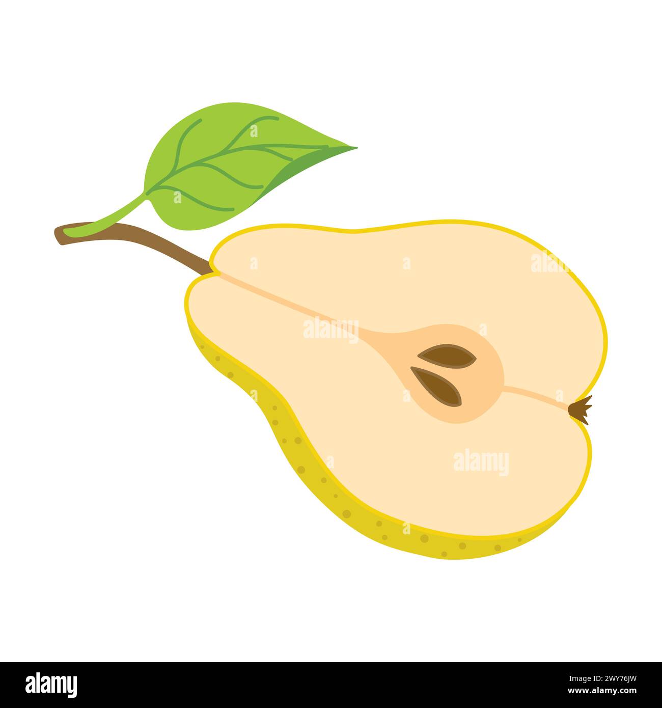 Sliced juicy pear cartoon style. Fresh pear with leaves. Modern flat ...