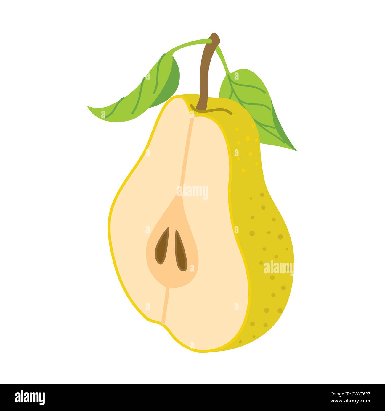 Sliced juicy pear cartoon style. Fresh pear with leaves. Modern flat ...