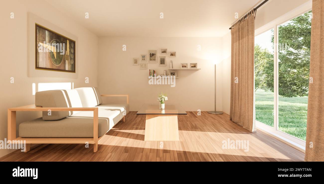 Busy living room with furniture and wooden floor 3d render illustration ...