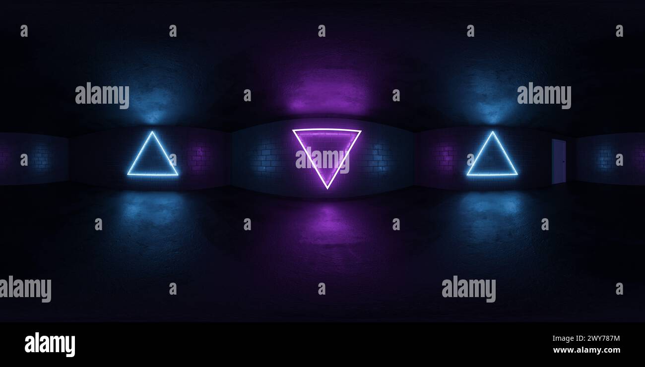 Group of neon lights illuminating dark room 360 panorama vr environment ...