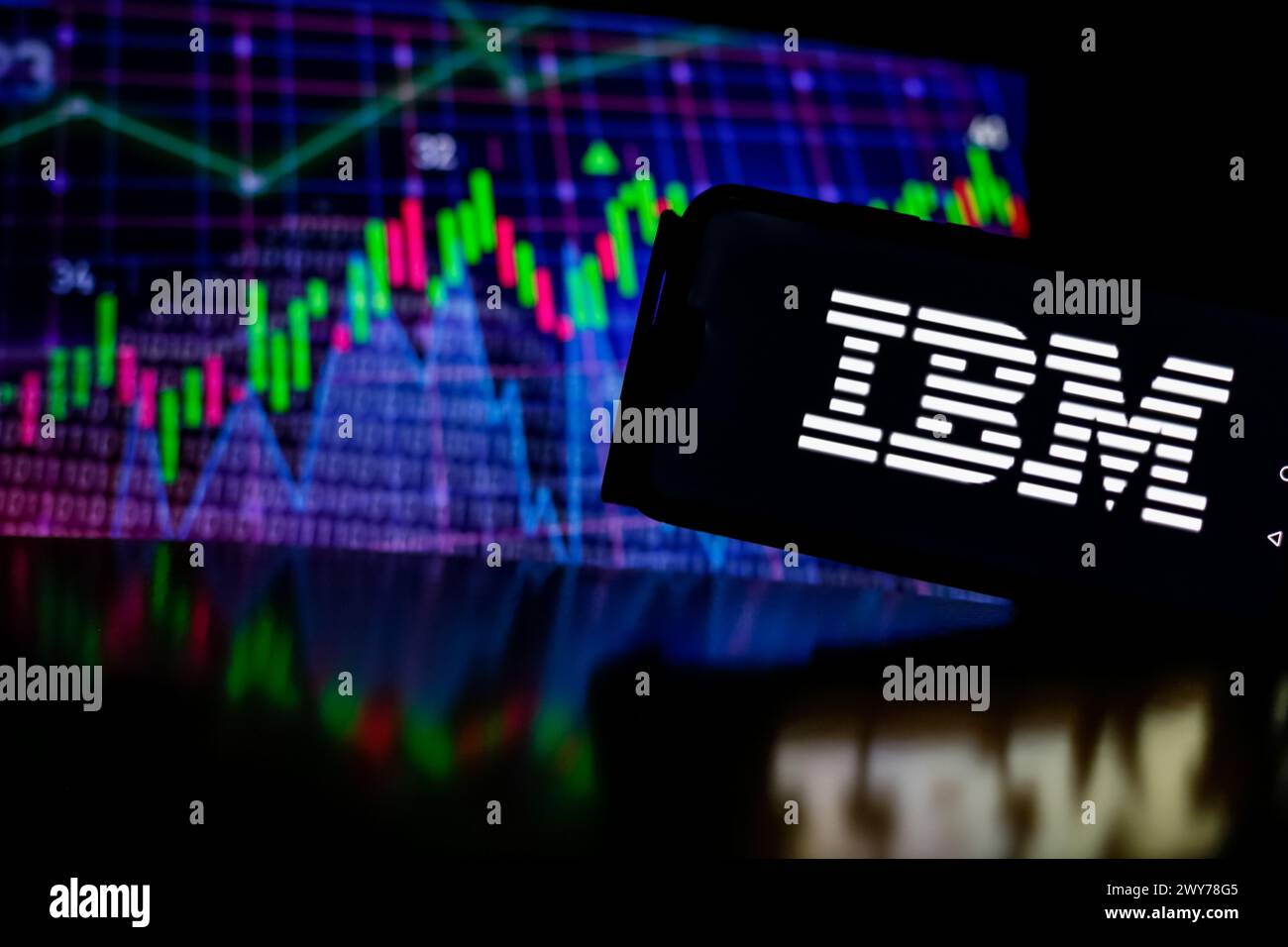 In this photo illustration logo of IBM is seen on a smartphone against a screen displaying a ...