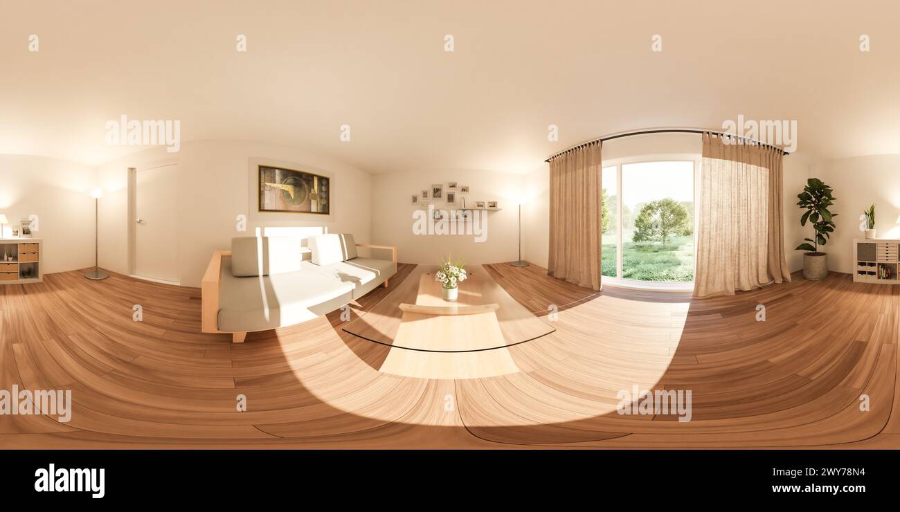 A spacious living room with furniture and wooden floor 360 panorama vr ...