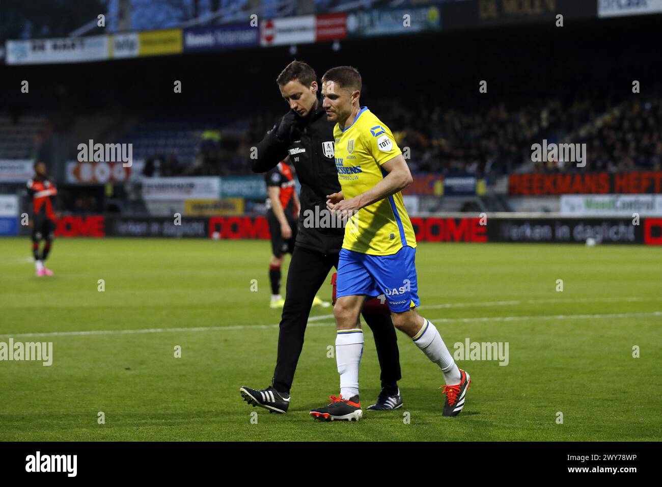 WAALWIJK - Aaron Meijers of RKC Waalwijk is injured during the Dutch Eredivisie match between ...