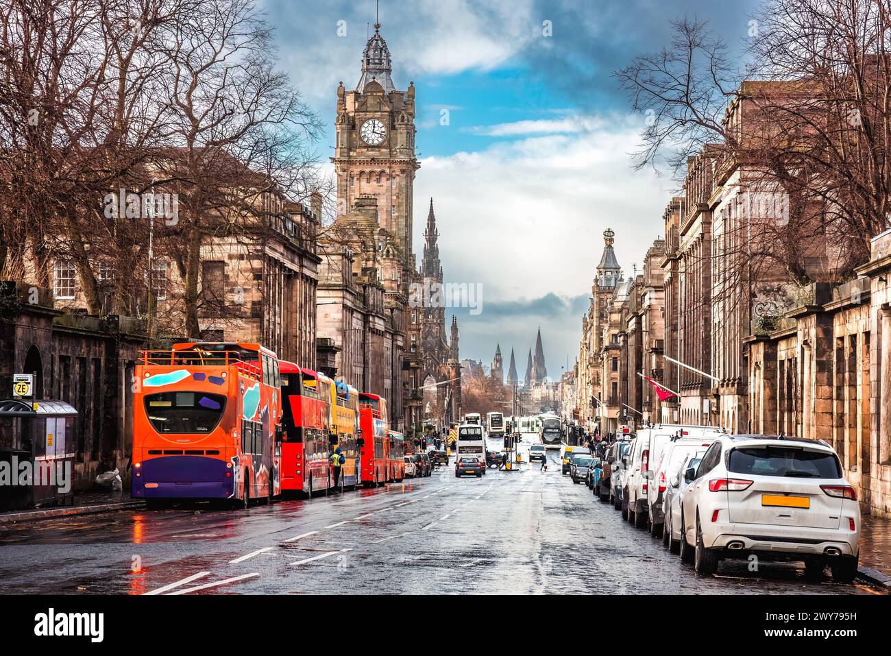 Cars and tourist buses parked along Princes Street in Edinburgh ...