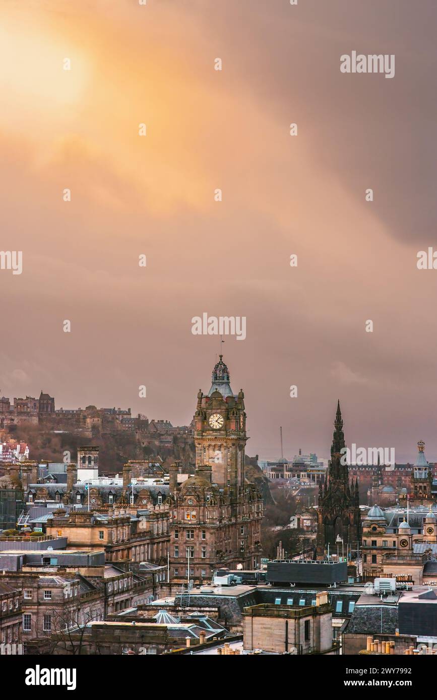 A view of downtown Edinburgh at sunset, with Balmoral Hotel and Scott ...