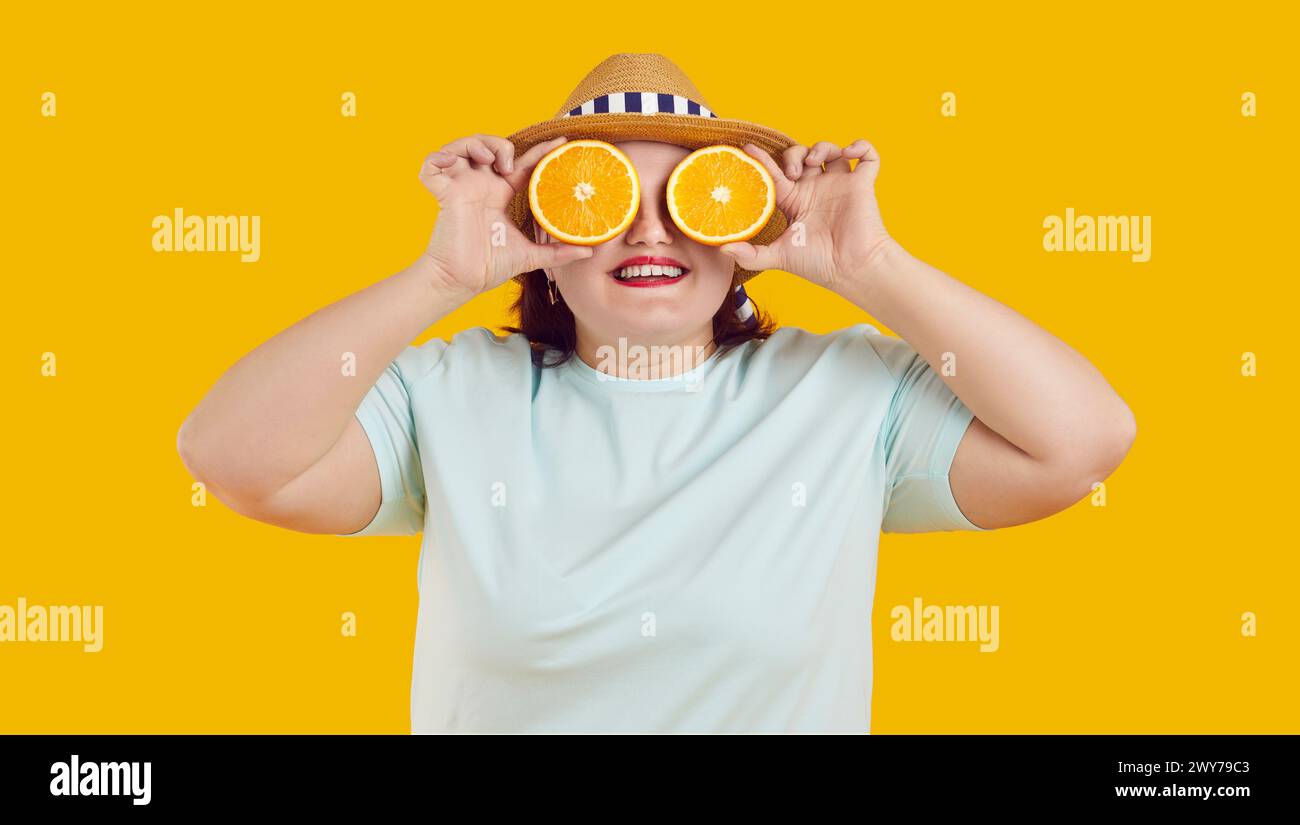 Summer portrait of funny fat woman wearing straw hat covering her eyes ...