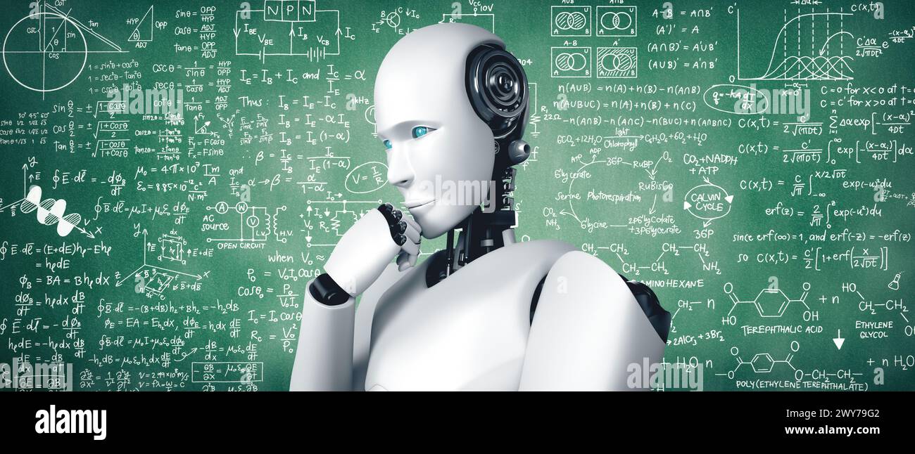 XAI 3d illustration Thinking AI humanoid robot analyzing screen of ...