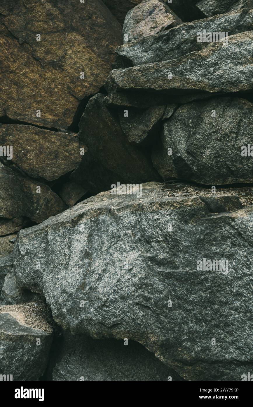 Large pile of stones. Stone rocks. Granite quarry. Abandoned industrial ...