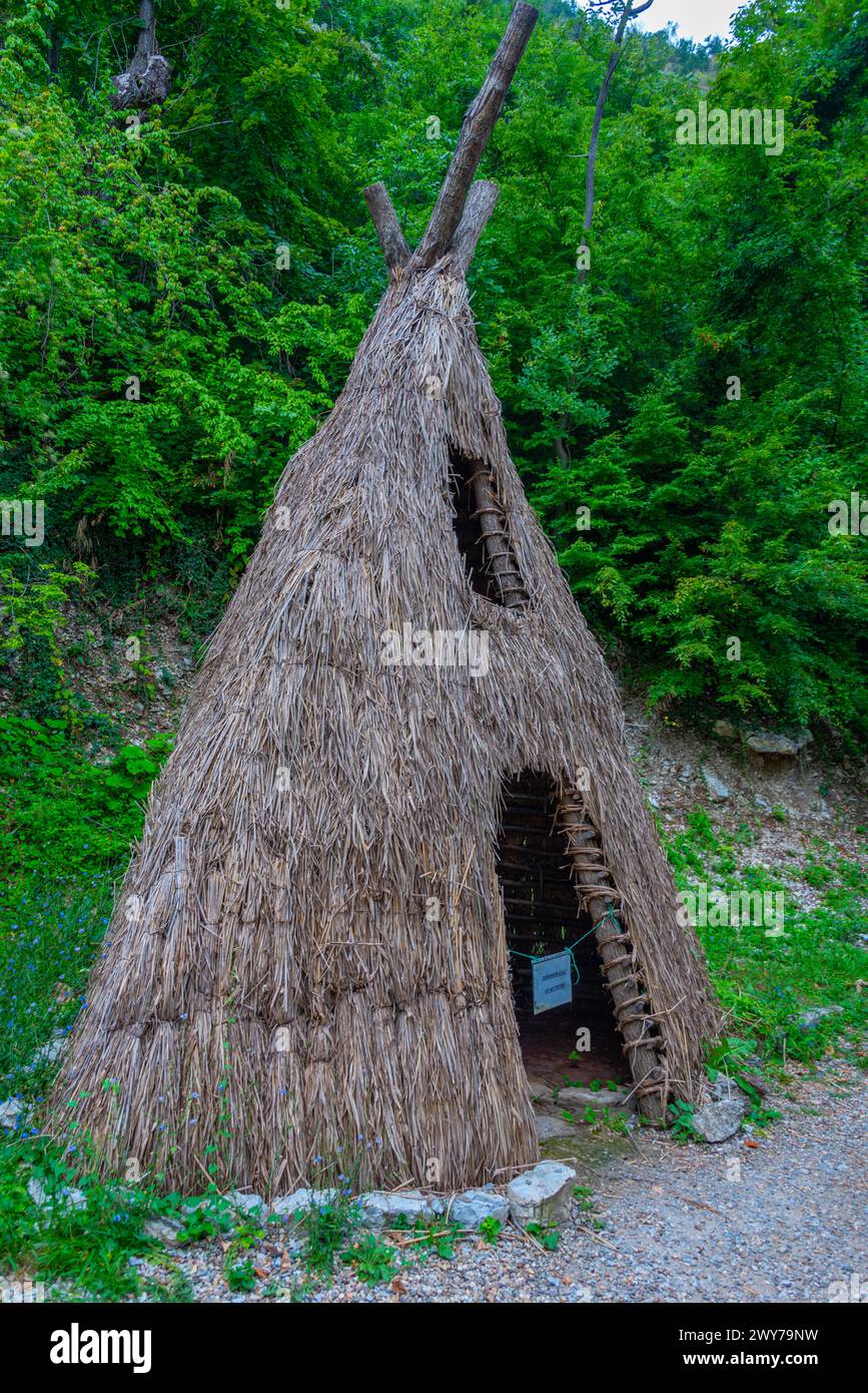 Reconstruction of paleolithic village at Lepenski Vir in Serbia Stock ...